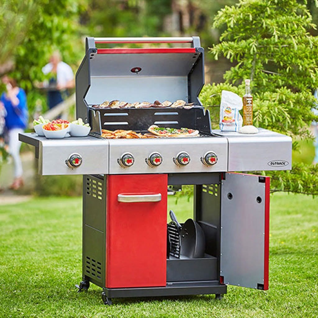Outback Jupiter Hybrid 4 Burner Gas BBQ - RED - Burleydam Garden Centre