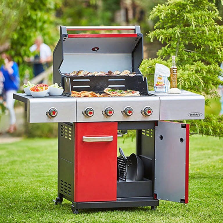 Outback Jupiter Hybrid 4 Burner Gas BBQ - RED - Burleydam Garden Centre